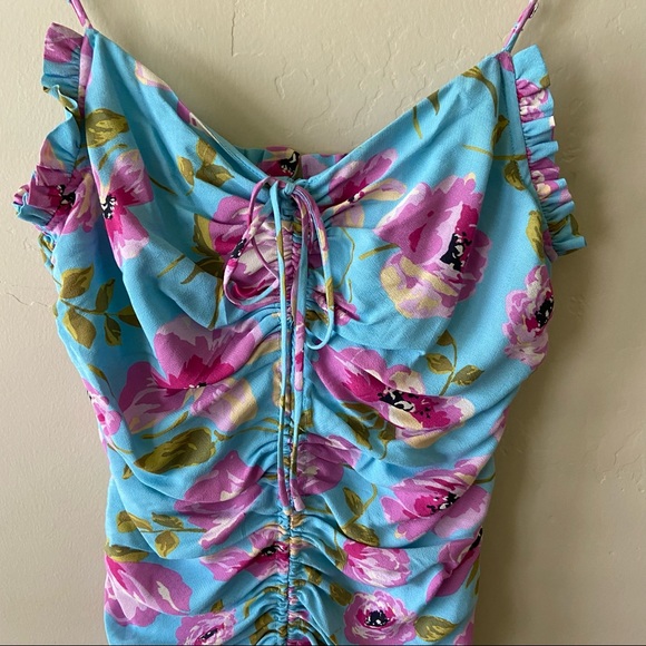 Zara | Dresses | Nwt Zara Ruched Blue Pink Floral Ruched Mini Dress M ...